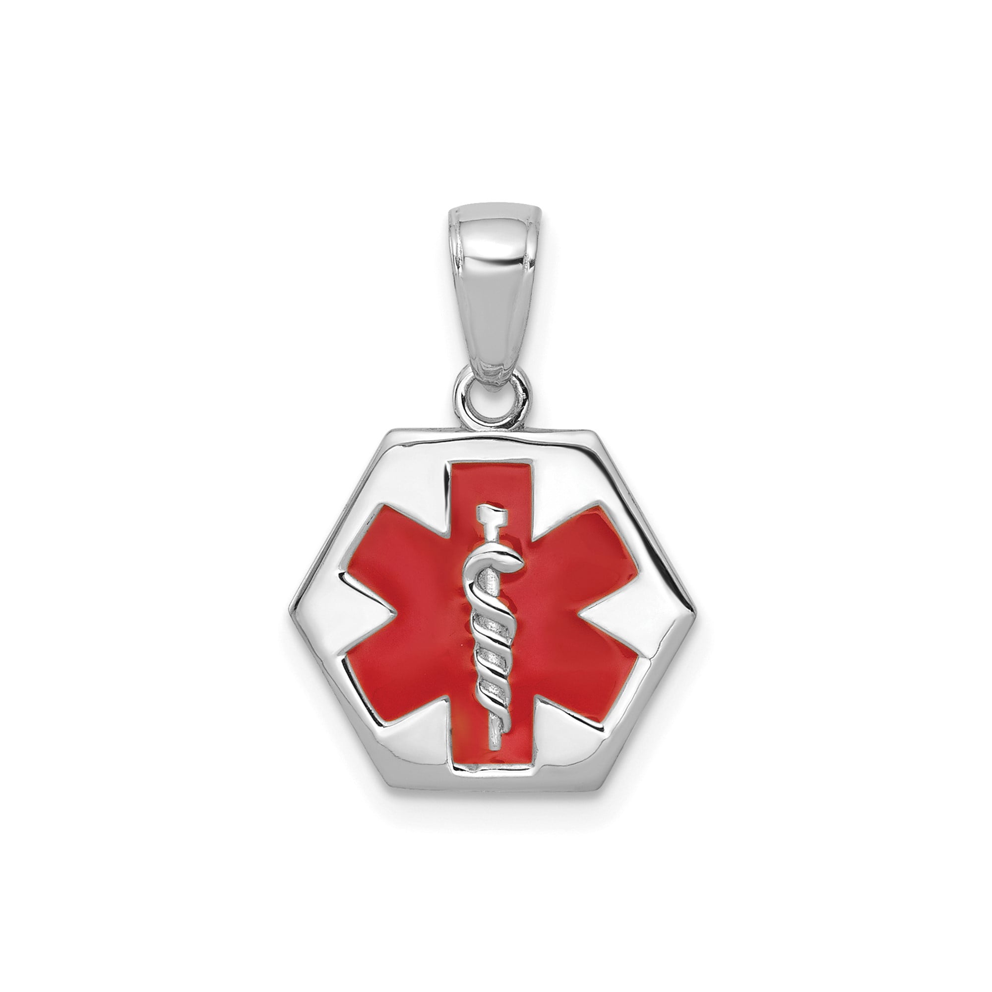 14k White Gold Medical Alert Pendant with Red Star of Life and Silver ...