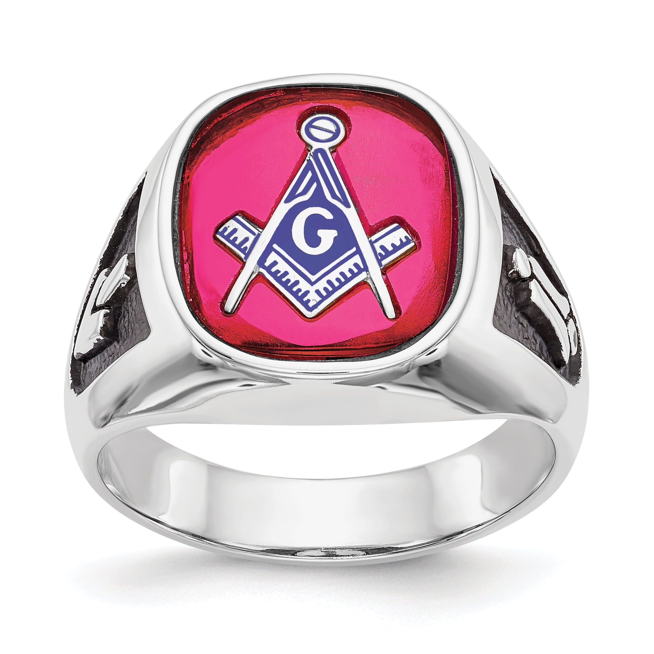 14k White Gold Mensynthetic Red Ruby Masonic Freemason Mason Band Ring ...