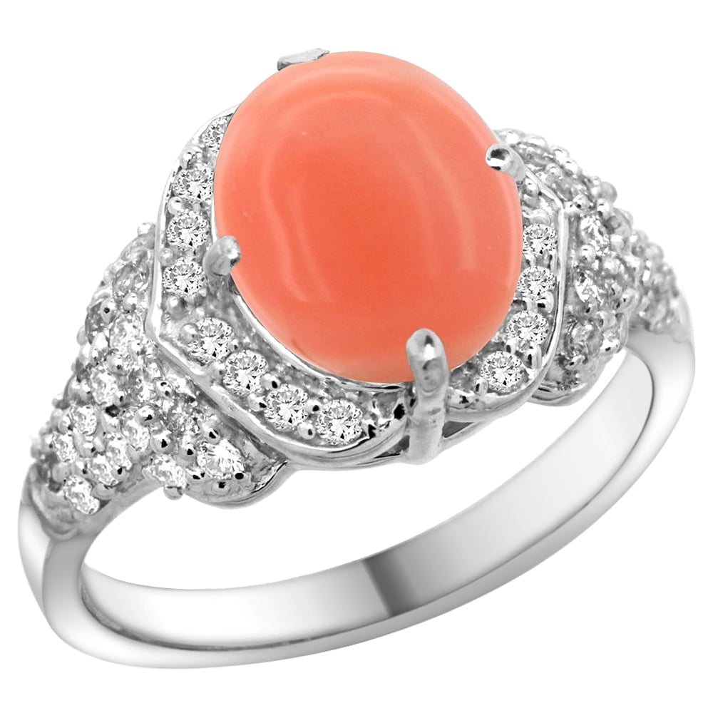14k White Gold Natural Coral Ring Diamond Halo Oval 10x8mm, 1/2 inch ...