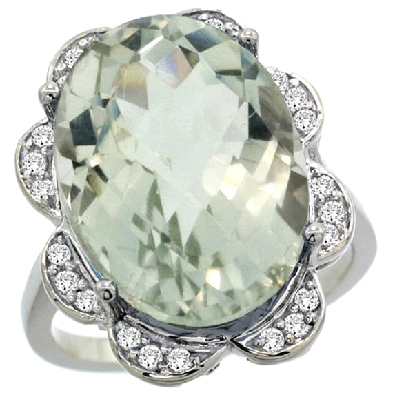 14k White Gold Natural Green Amethyst Ring Oval 18x13mm Diamond Floral ...