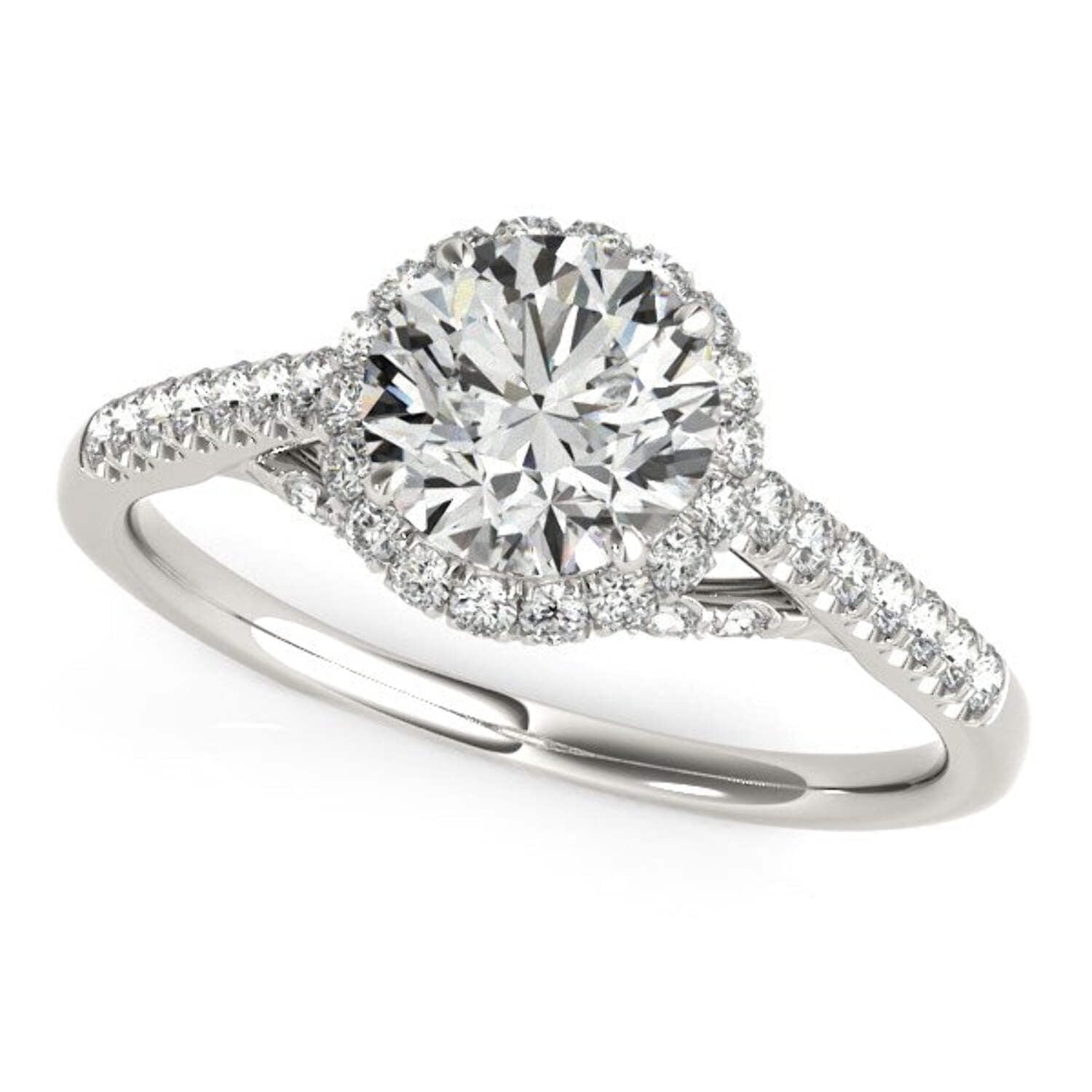 14k White Gold Round Cut Pave Set Shank Diamond Engagement Ring (1 3/8 ...