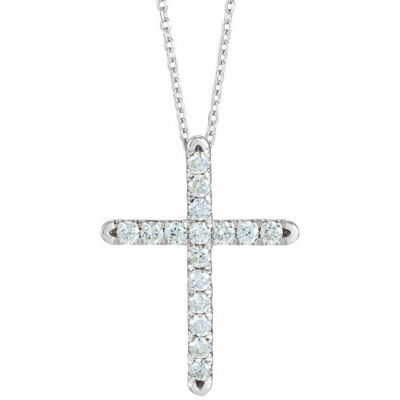 14k White Gold Round Shape Diamond French-Set Religious Cross Necklace ...