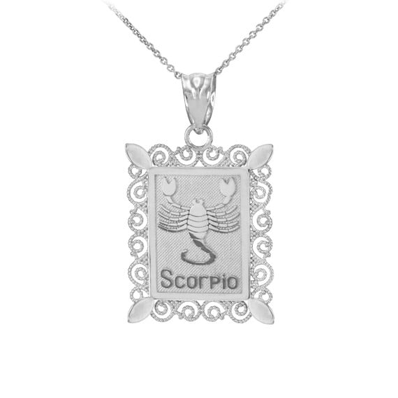 14k White Gold Zodiac Sign Filigree Square Pendant Necklace Scorpio (18 ...