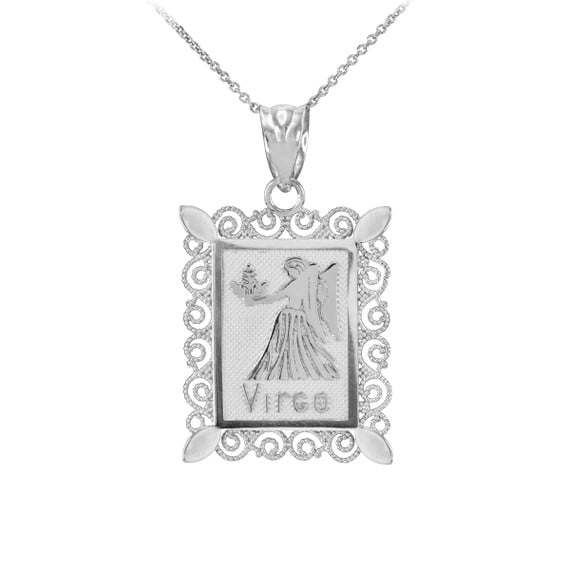 14k White Gold Zodiac Sign Filigree Square Pendant Necklace Virgo (22 ...