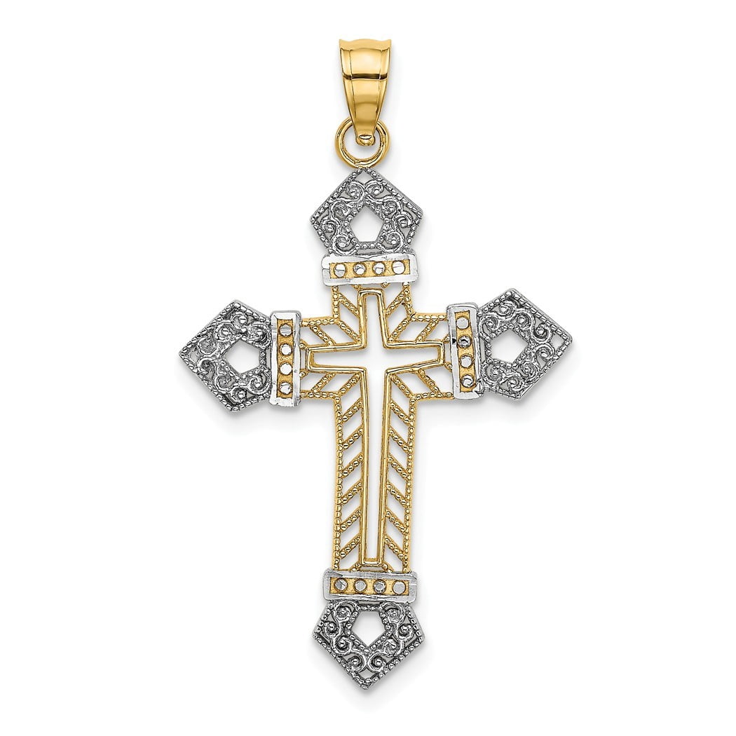 14k With Rhodium Religious Faith Cross W White Pentagon Tips Cut-out 28 ...