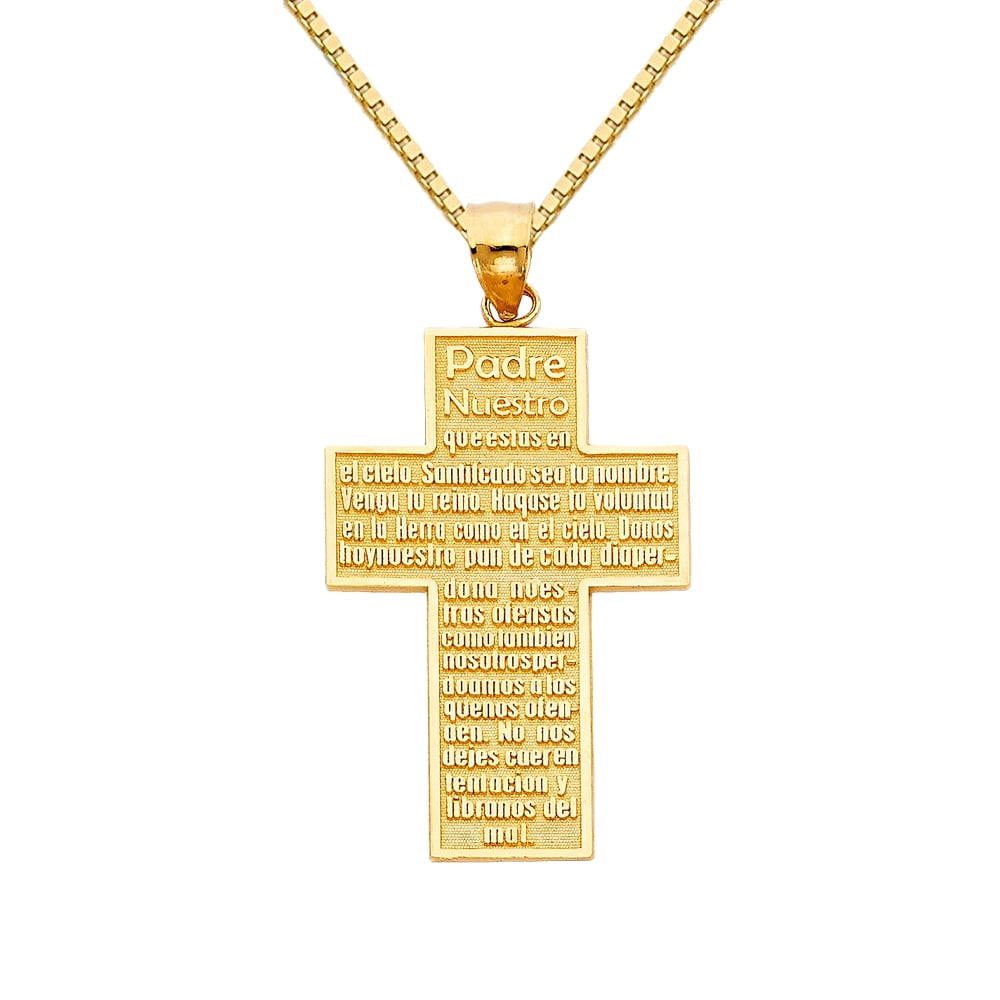 14k Yellow Gold 1.45-inch Padre Nuestro Cross Pendant with 1-mm Box ...
