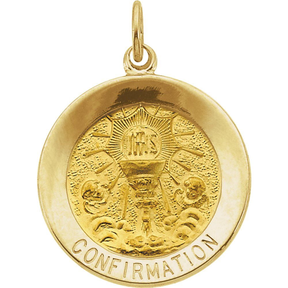 14k Yellow Gold 15mm Round Shape Confirmation Religious Pendant Saint ...