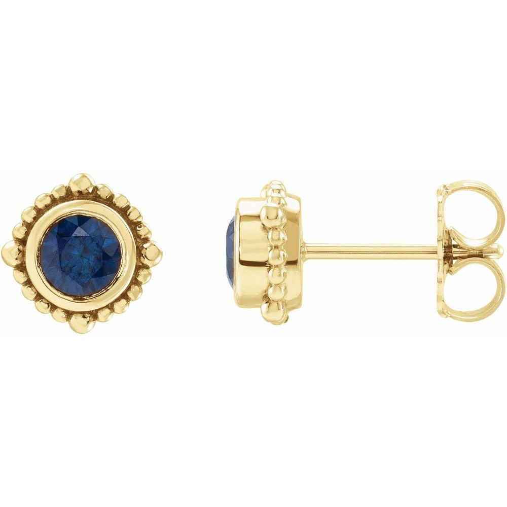 14k Yellow Gold 3.5mm Round Shape Blue Sapphire Beaded Halo-Style Stud ...