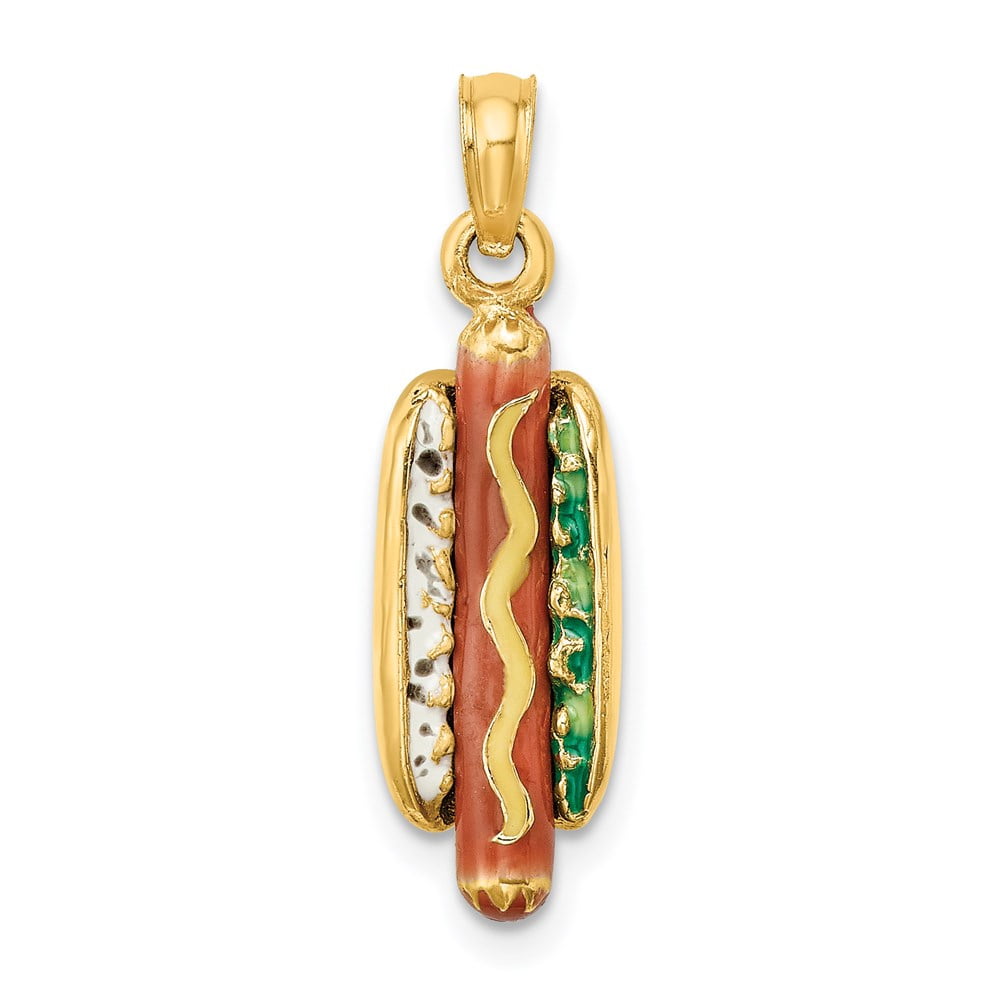 14k Yellow Gold 3-D Enamel Hot Dog with Bun Charm Pendant Fine Jewelry ...