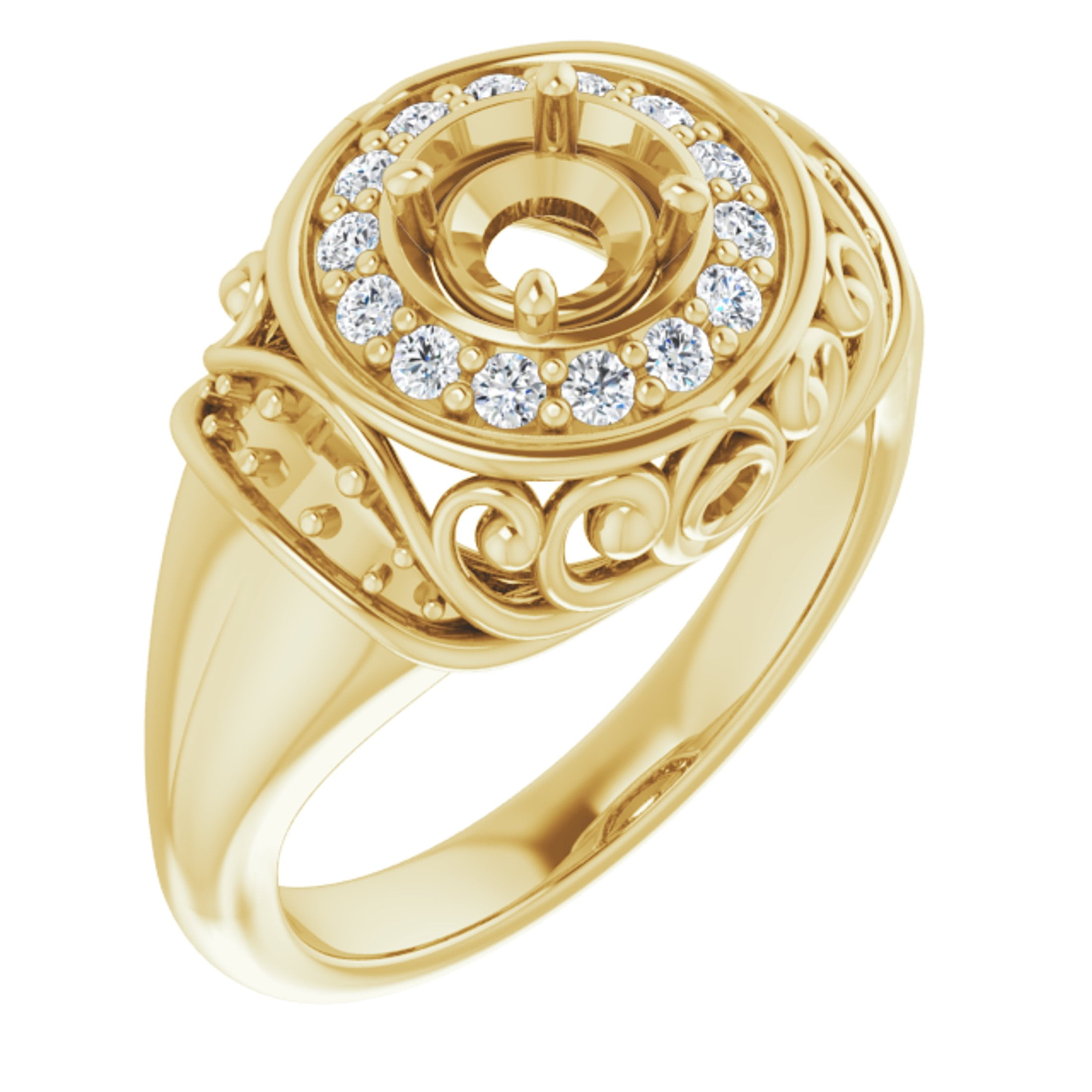 14k Yellow Gold 5.2mm Round Shape Diamond Accented Semi-Mount Bridal ...