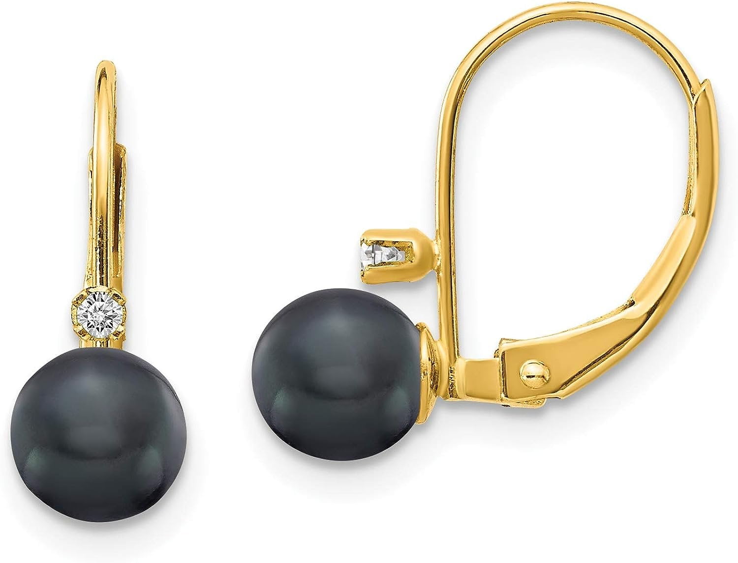 14k Yellow Gold 5-6mm Black FW Cultured Pearl AA Diamond Leverback ...