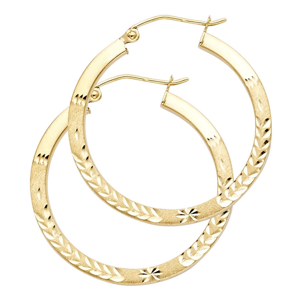 14k Yellow Gold Budded Sparkle Cut Square Tube Hoop Earrings 30mm-Hoop ...