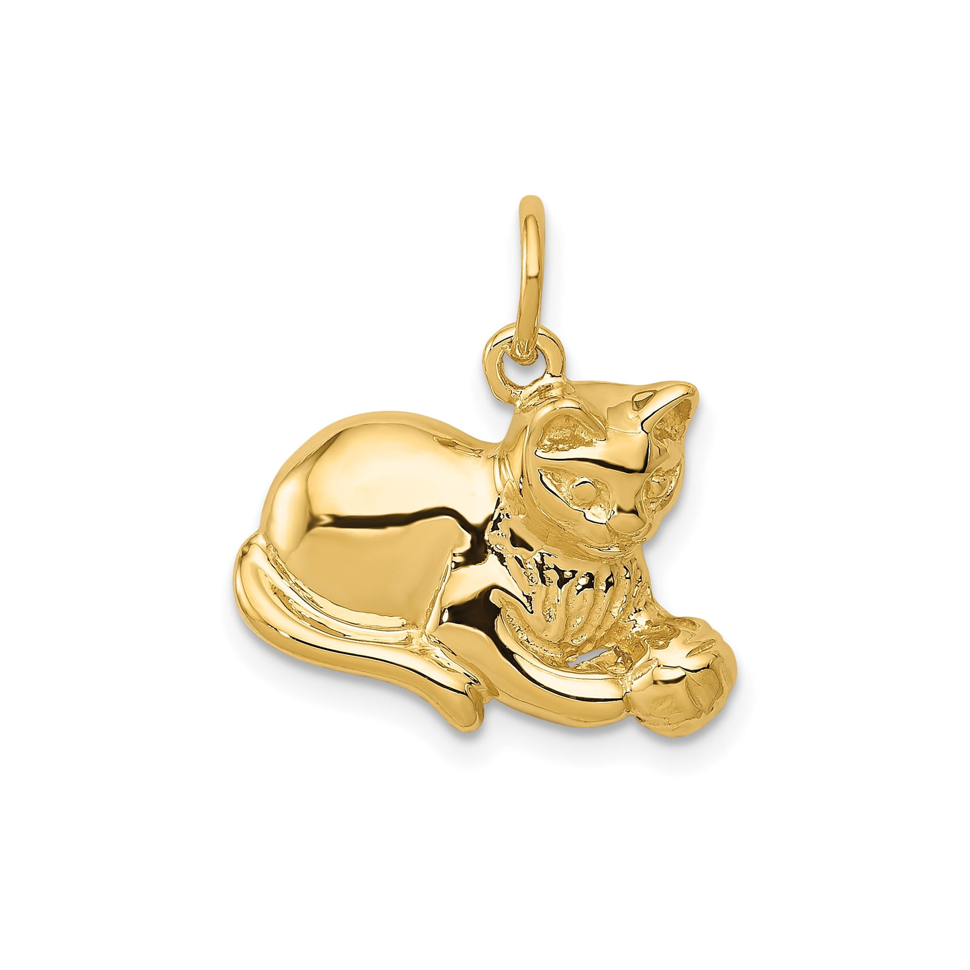 14k Yellow Gold Cat Pendant with Ball for Women, Playful Kitten ...
