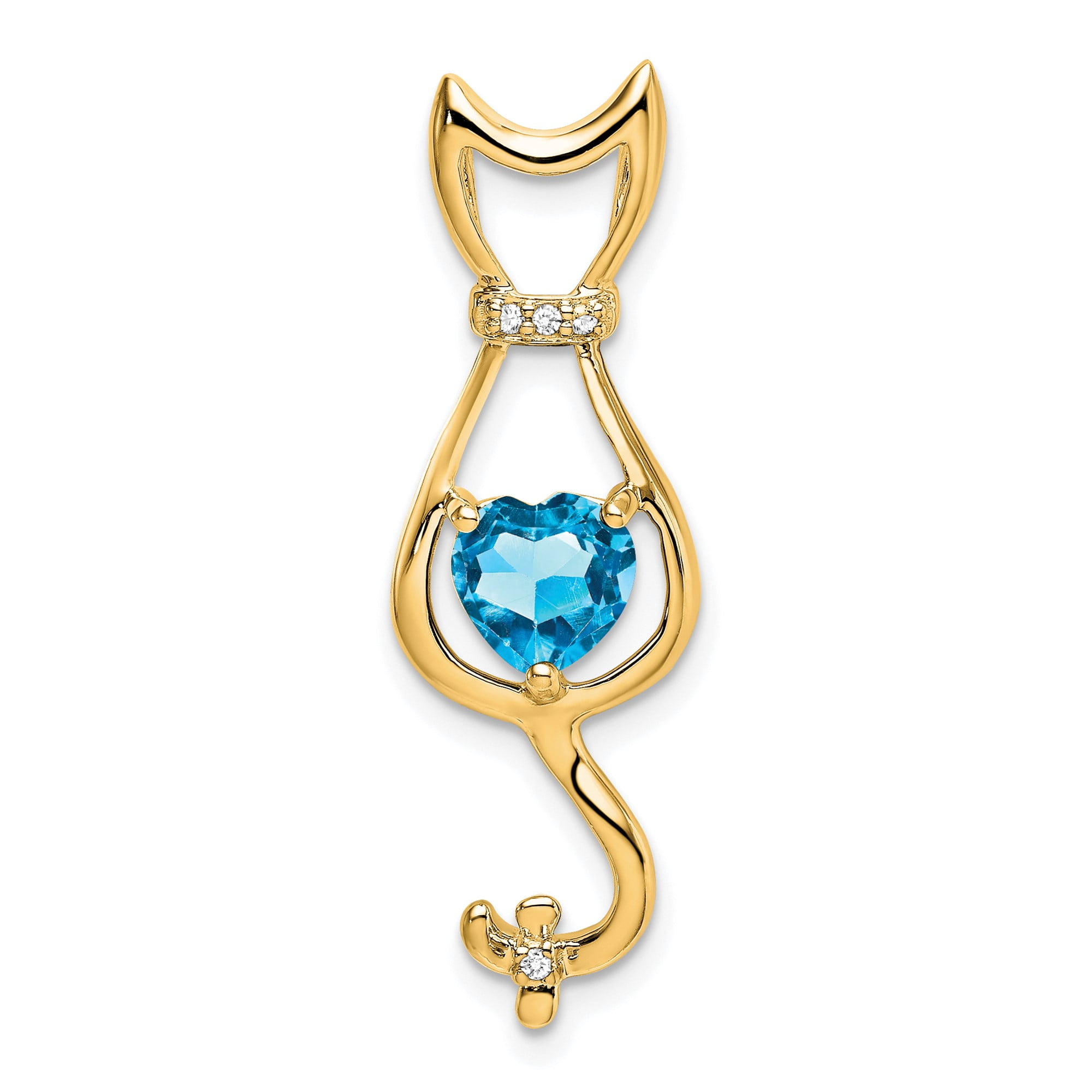 14k Yellow Gold Cat Pendant Necklace for Women with Heart Blue Gemstone ...
