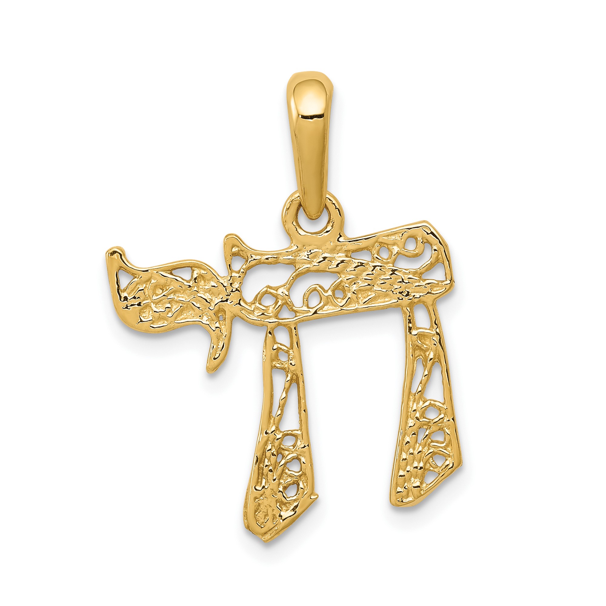 14k Yellow Gold Chai Pendant with Filigree Design, Hebrew Life Symbol ...