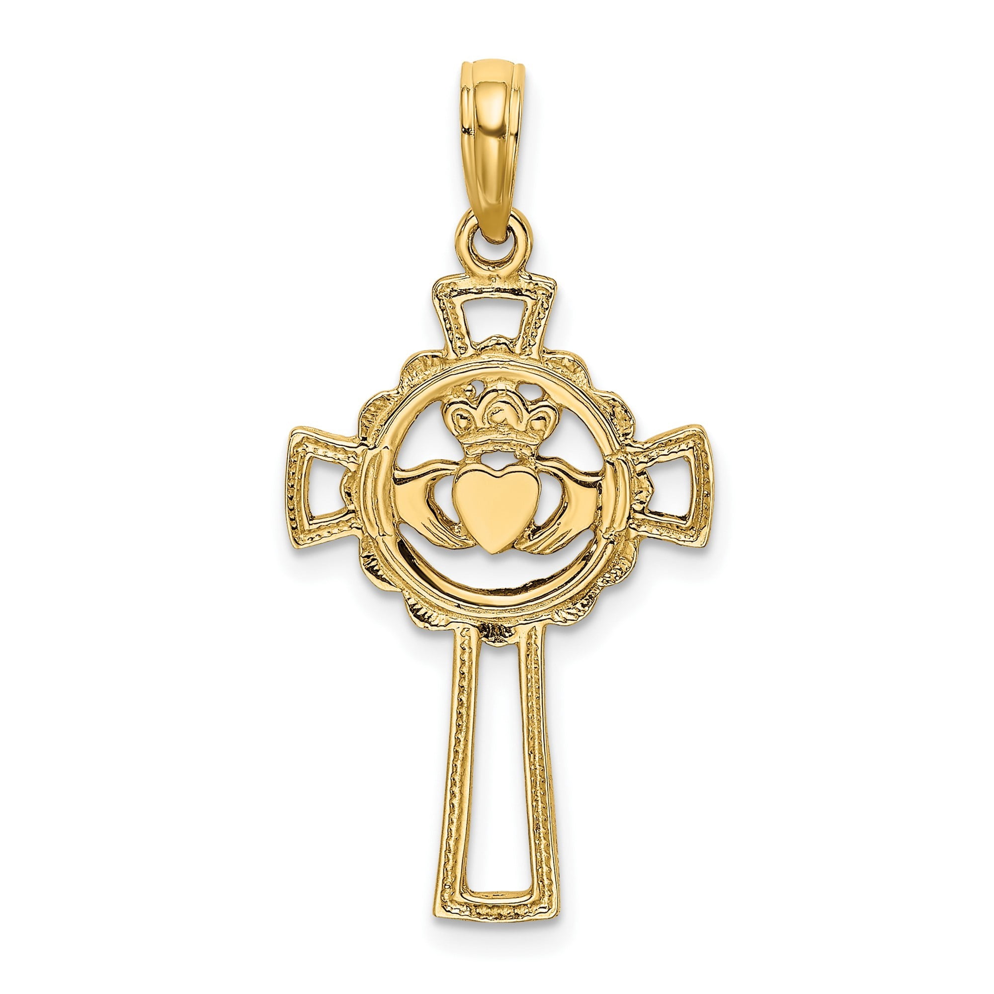 14K Yellow Gold Claddagh Cross Pendant, Polished Themed Charm, 27.4 mm ...