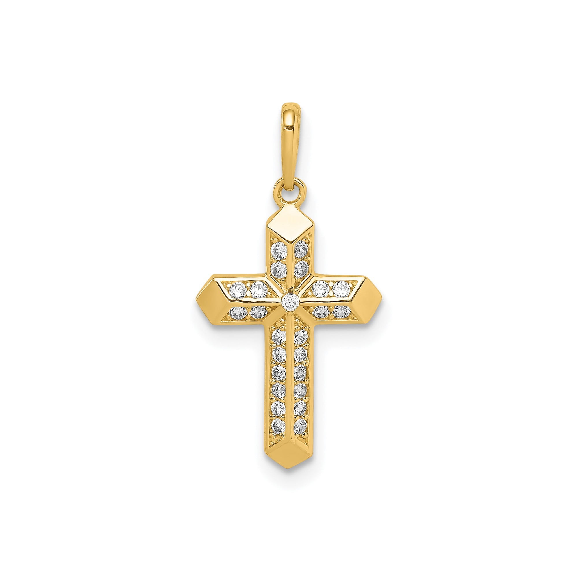 14k Yellow Gold Cross Pendant for Women with Cubic Zirconia, Beveled Edge Christian Necklace ...
