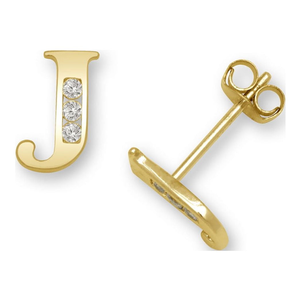14k Yellow Gold Cubic Zirconia Small Initial J Earrings - Measures ...