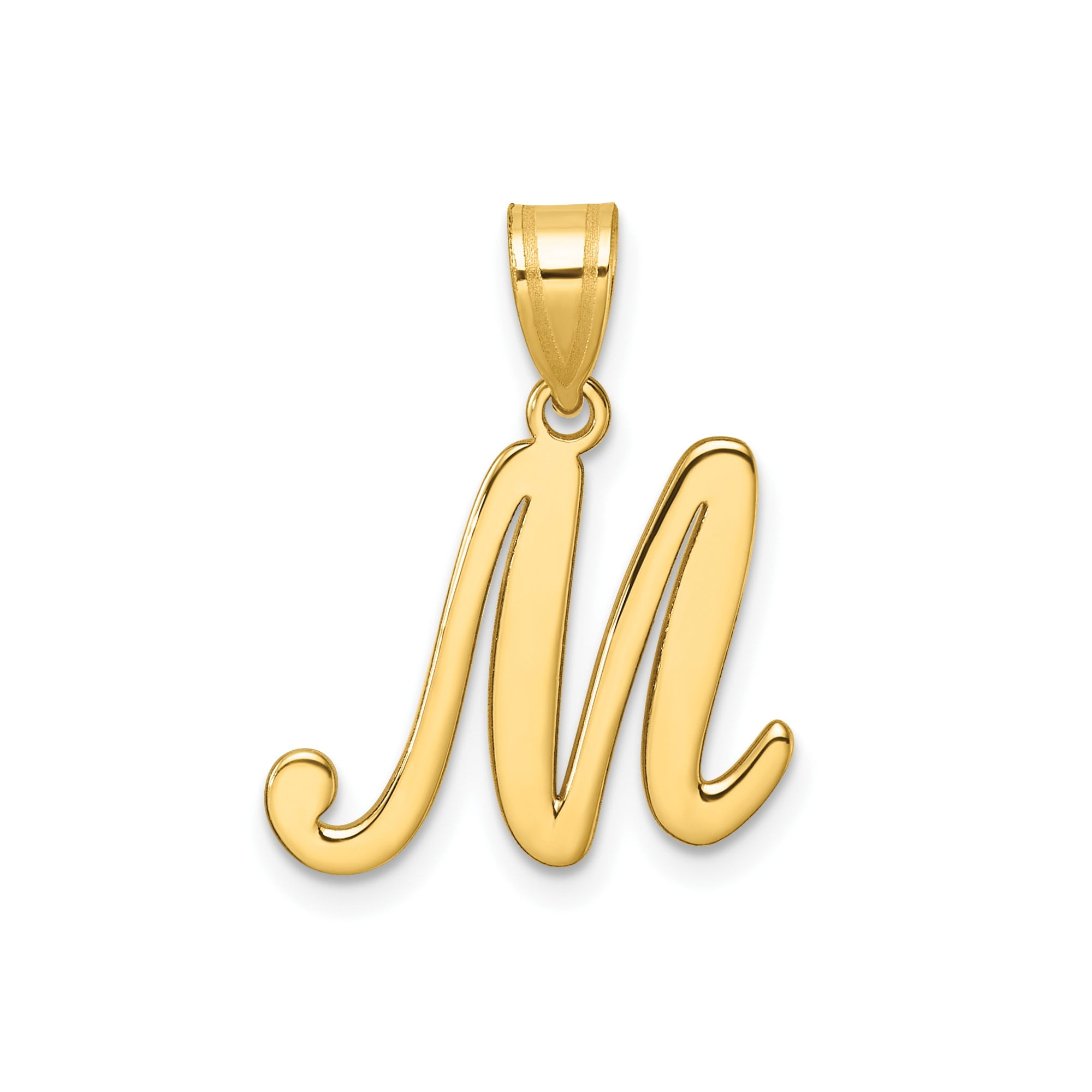 14k Yellow Gold Cursive Letter M Pendant for Women, Polished Script ...