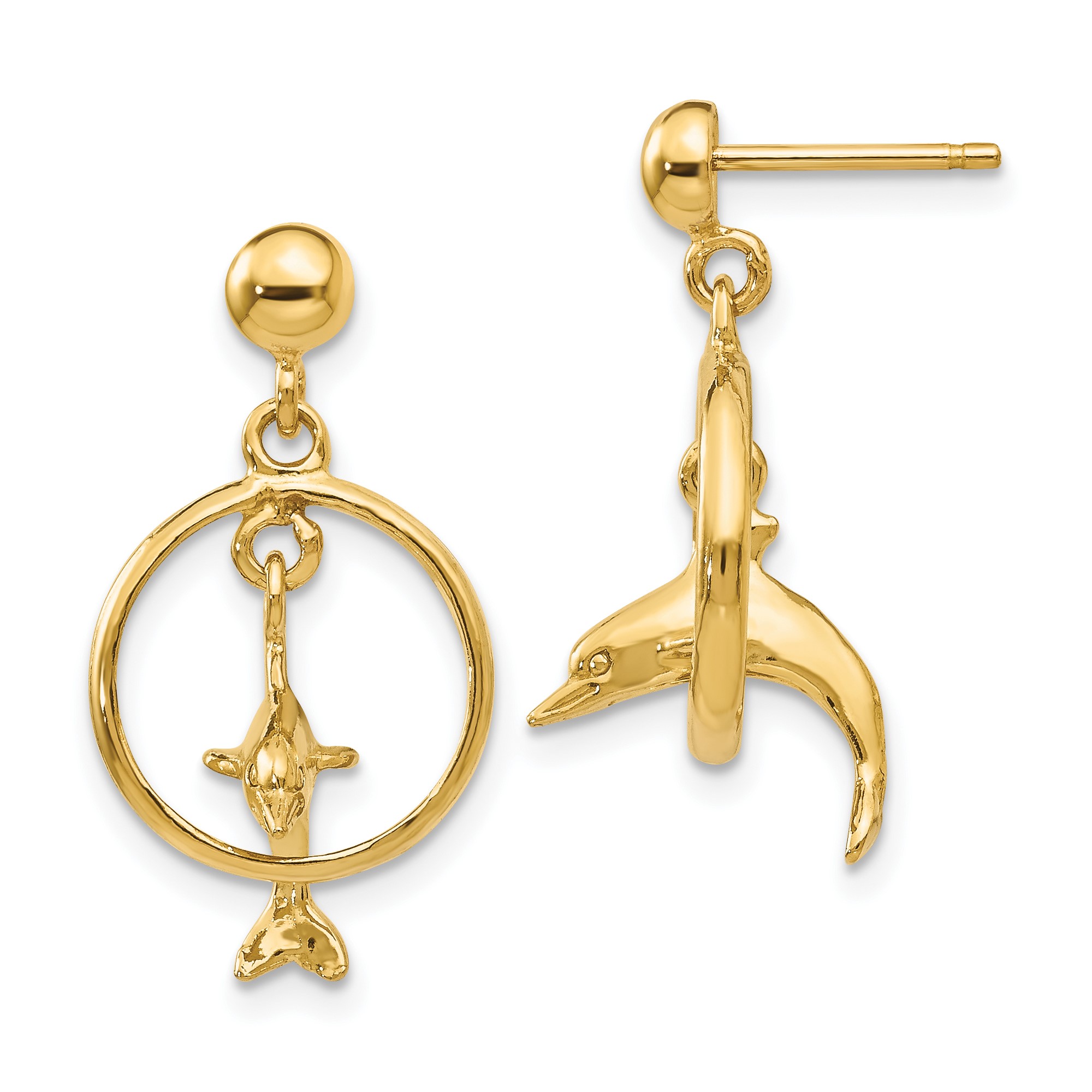 14k Yellow Gold Dolphin Dangle Earrings for Women with Hoop Design ...