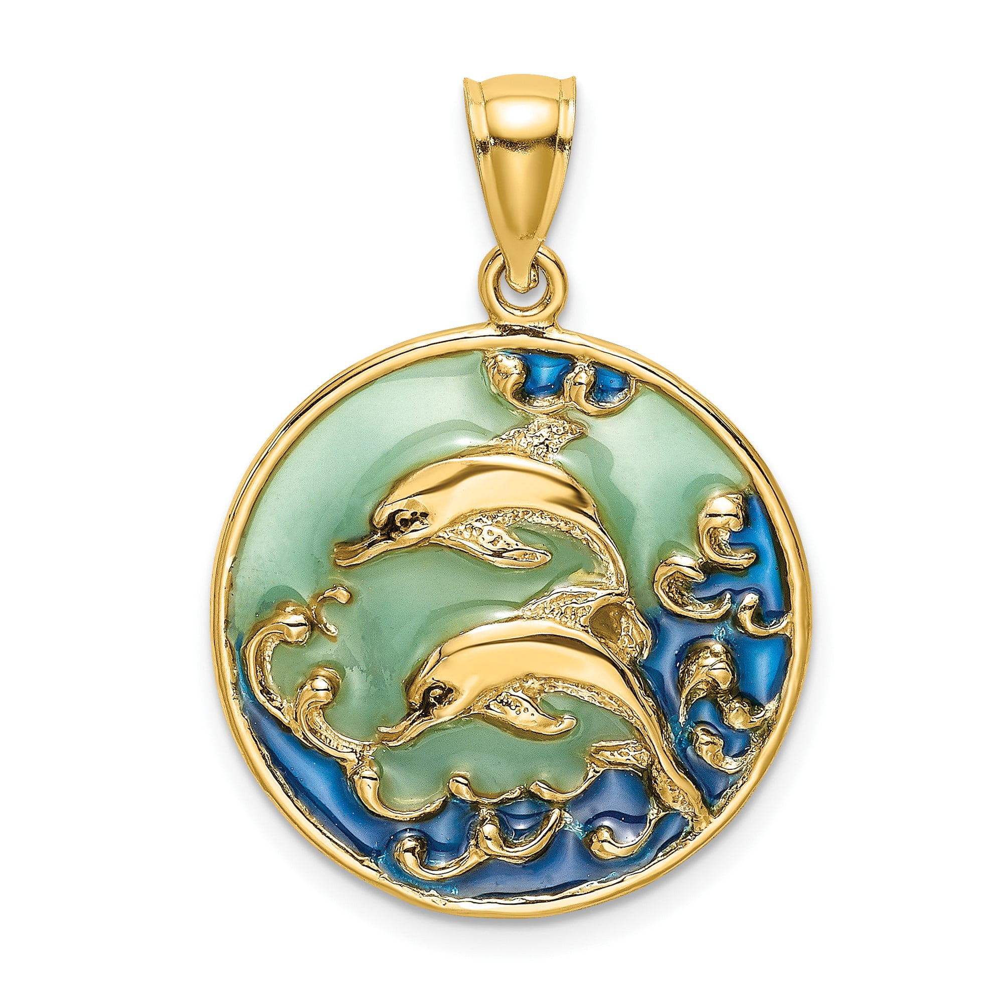 14K Yellow Gold 2-D Dolphins Pendant with Blue Multi-Colored Enamel, 22 ...