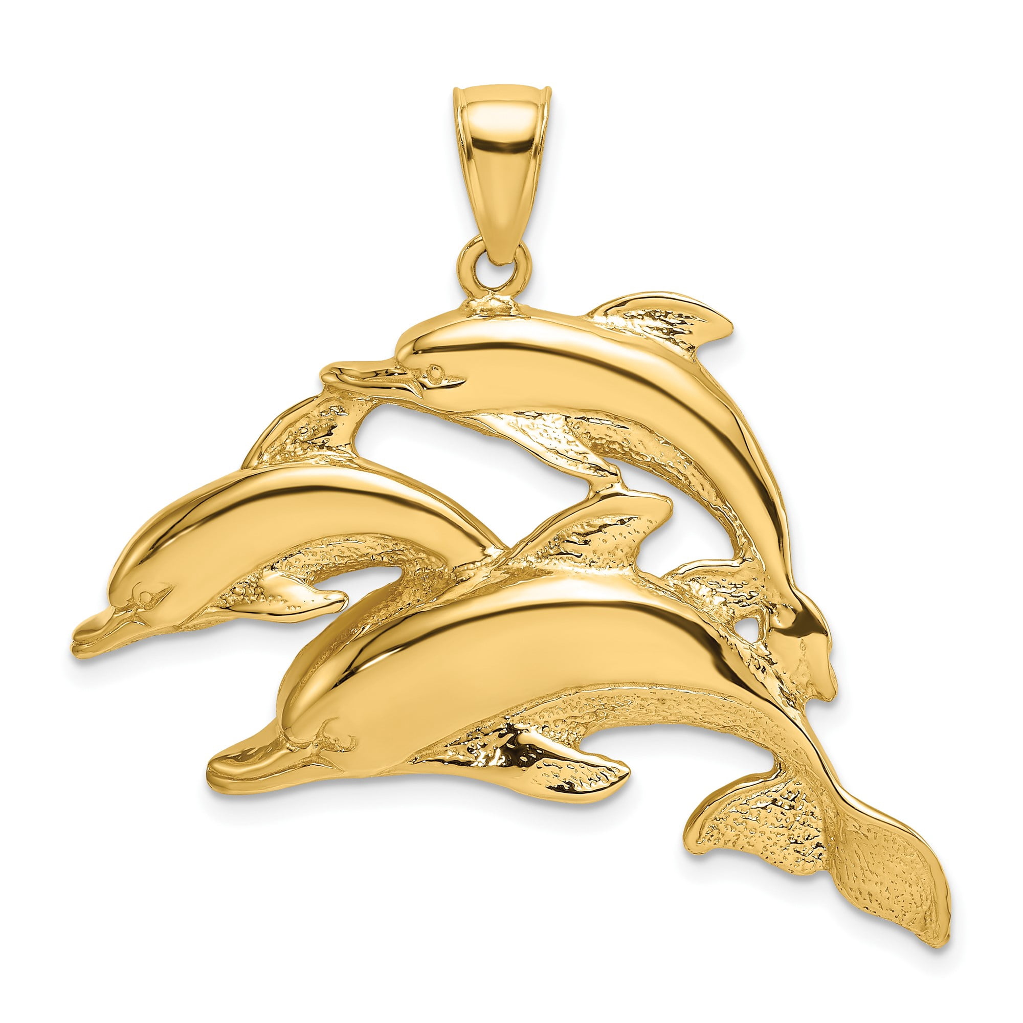 14k Yellow Gold Dolphin Pendant for Women and Men, Three Dolphins in ...