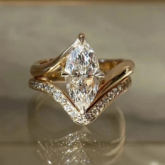 14k Yellow Gold Finish Marquise Cut Lab Created Diamond Wedding Bridal ...
