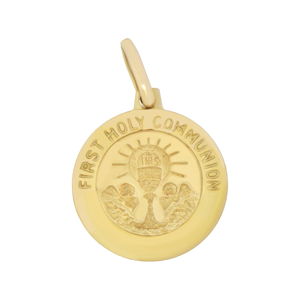 14k Yellow Gold, First Holy Communion Round Religious Pendant Medal ...