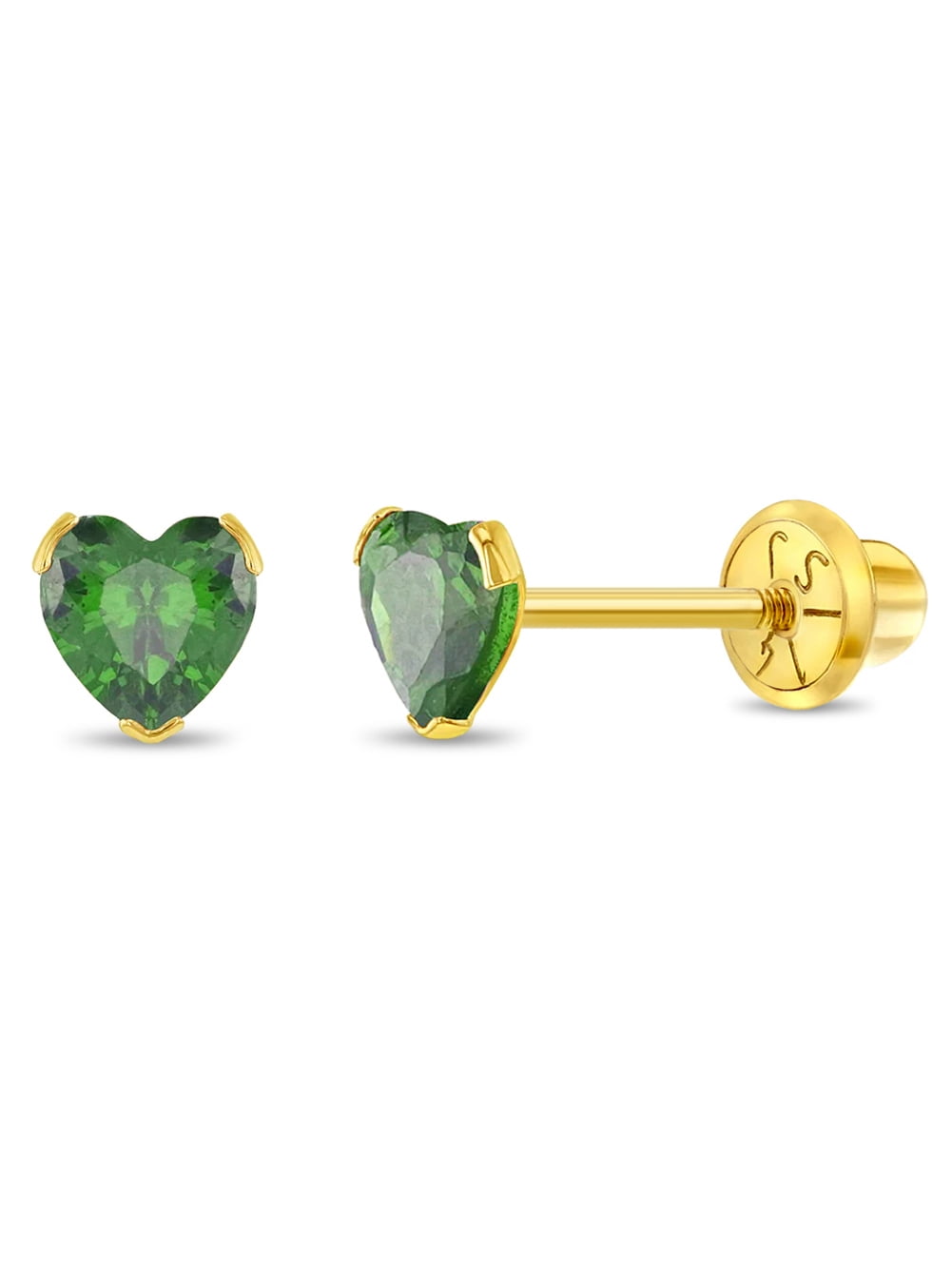 14k Yellow Gold Girls Simulated Emerald Birthstone Heart Screw Back ...