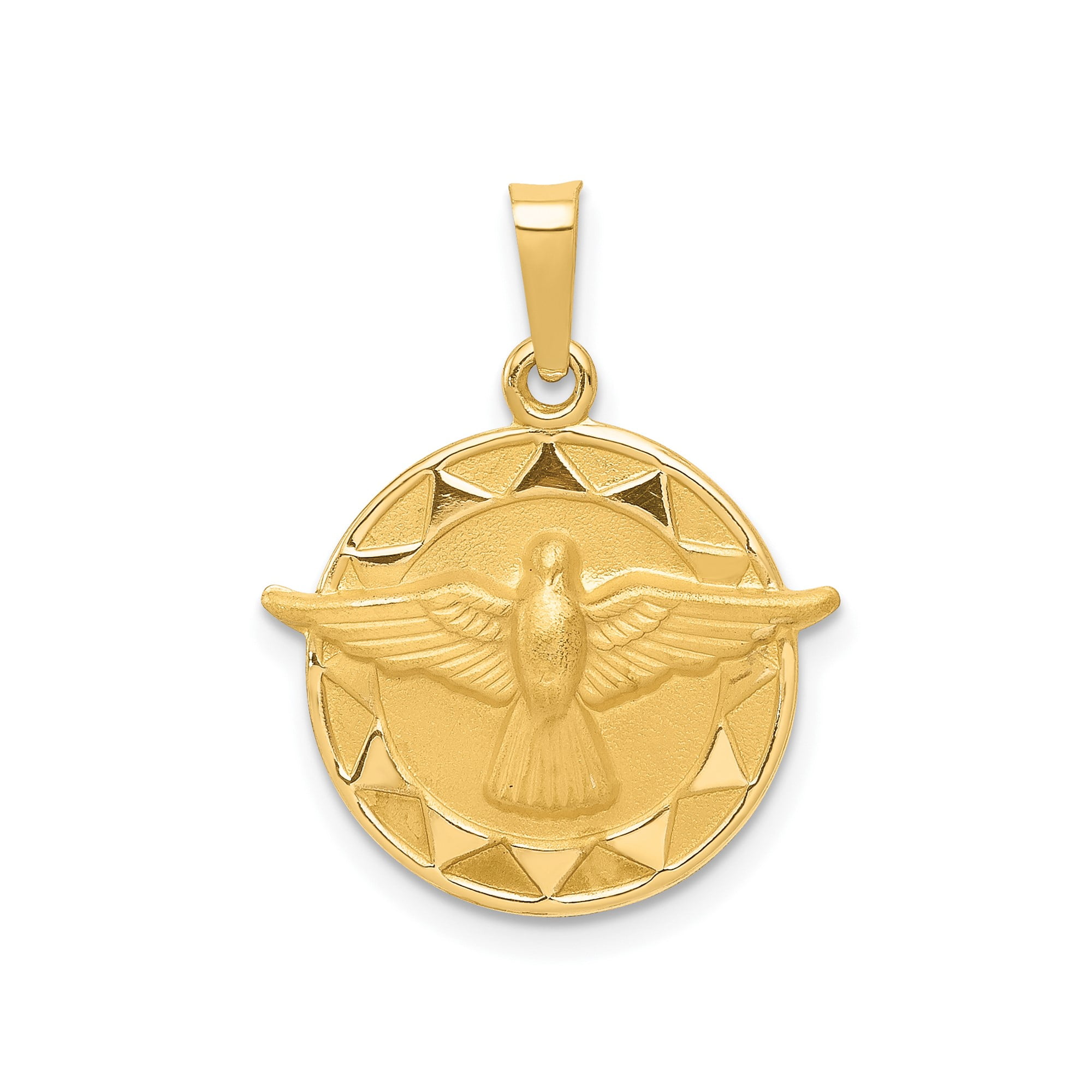 14k Yellow Gold Holy Spirit Dove Pendant Necklace, Round Medallion with ...
