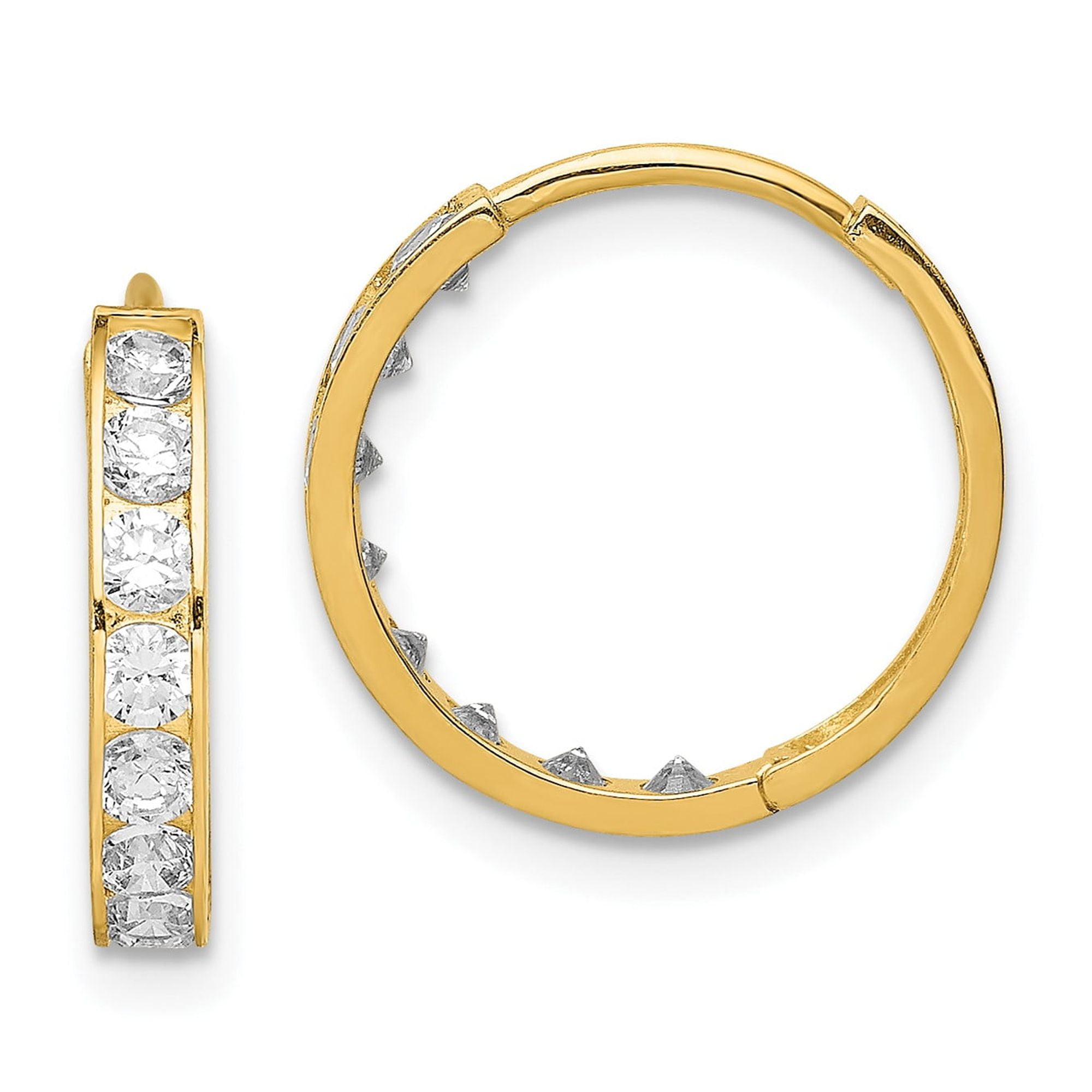 14k Yellow Gold Hoop Earrings for Women, Channel Set Round Clear Stones ...