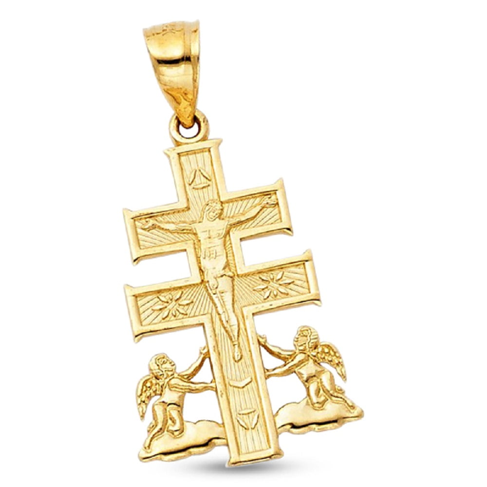 14k Yellow Gold Jesus Cross Angel Crucifix Charm Pendant Cara Vaca ...
