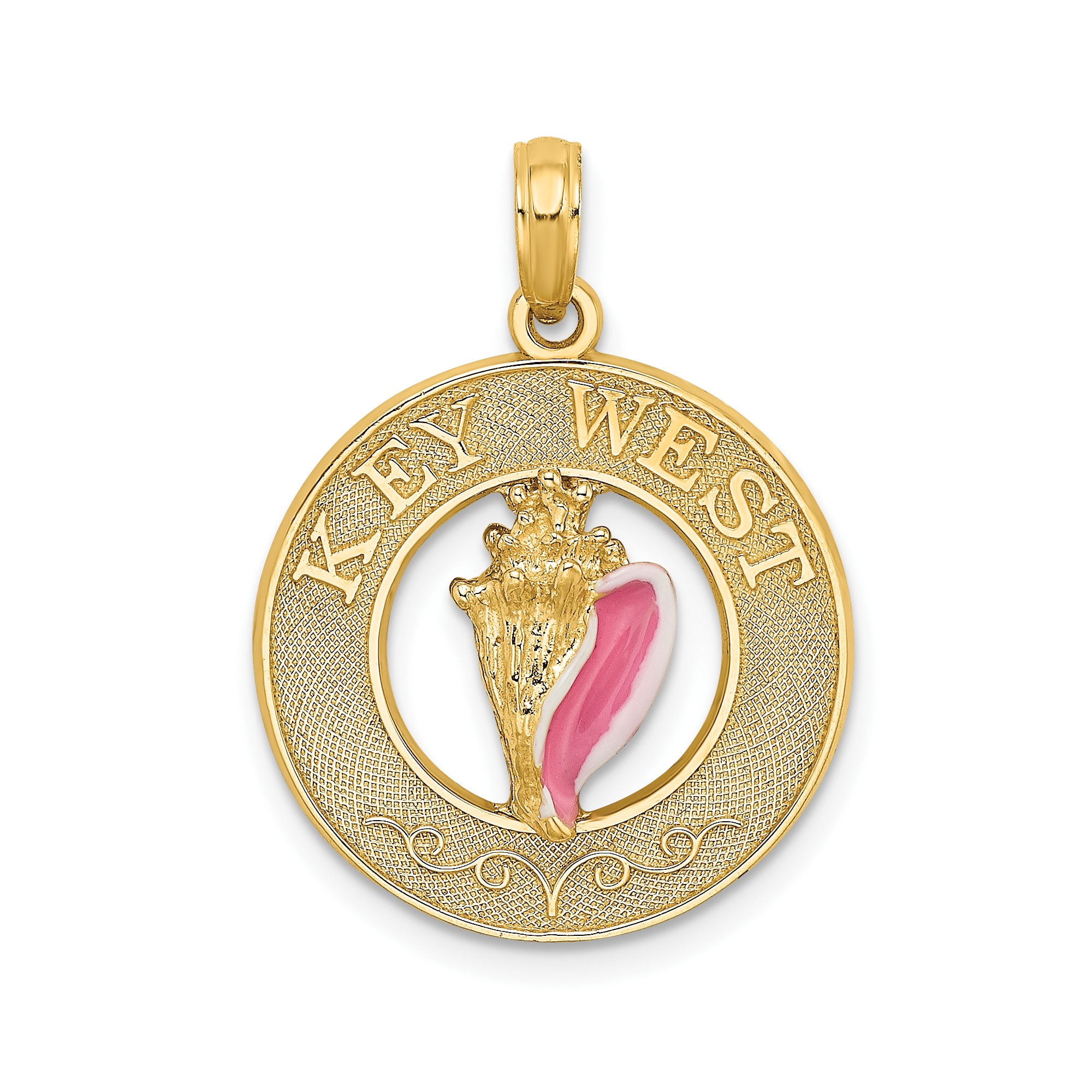 14k Yellow Gold Key West Pendant with Pink Enamel Conch Shell, Nautical ...