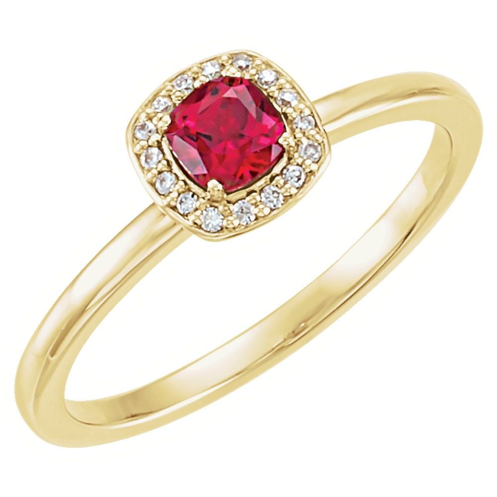14k Yellow Gold Lab-Grown Ruby and .04 cttw Diamond Halo-Style Fashion Ring Fine Jewelry For ...