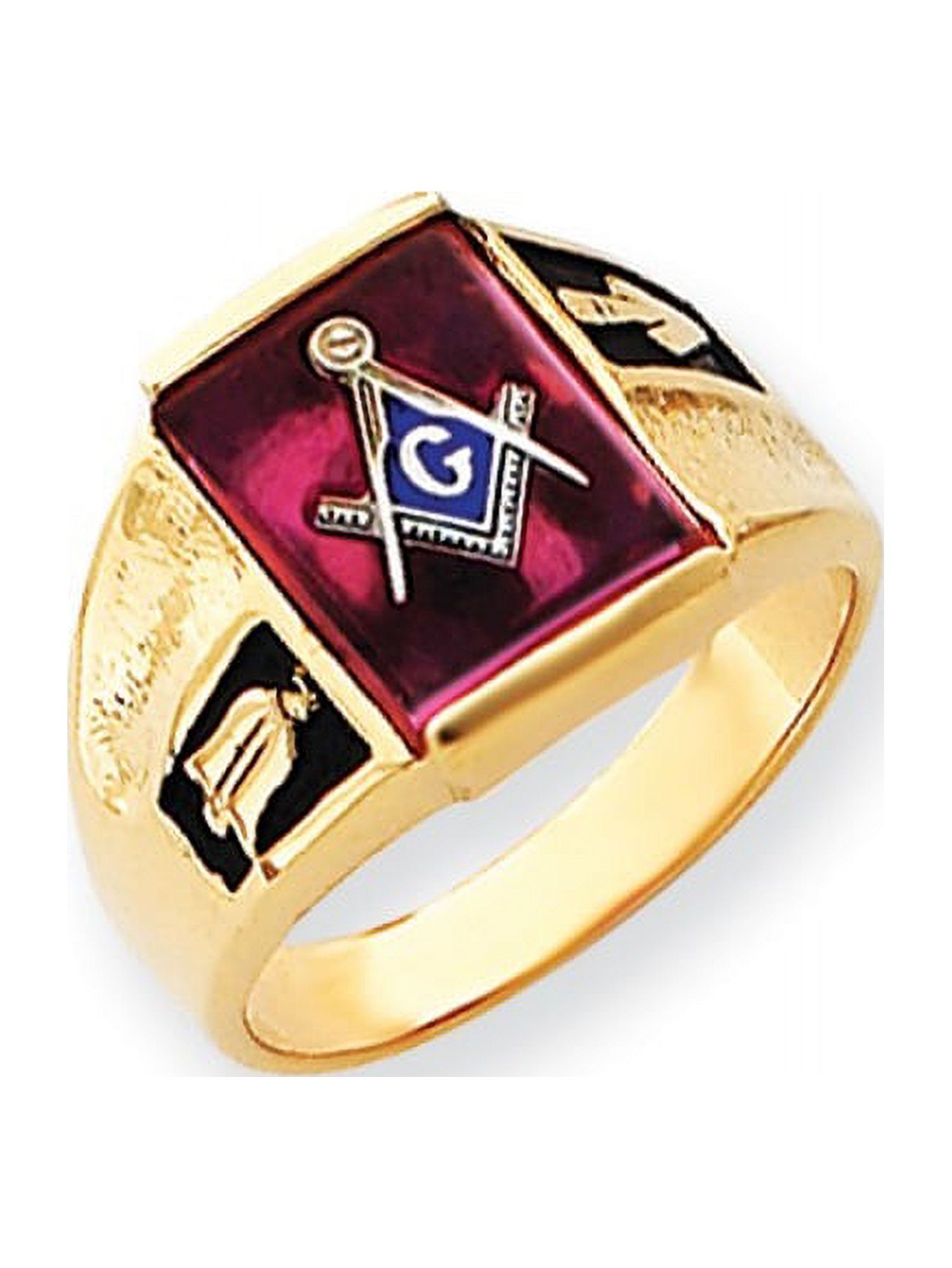 14k Yellow Gold Mensynthetic Red Ruby Masonic Freemason Mason Band Ring ...