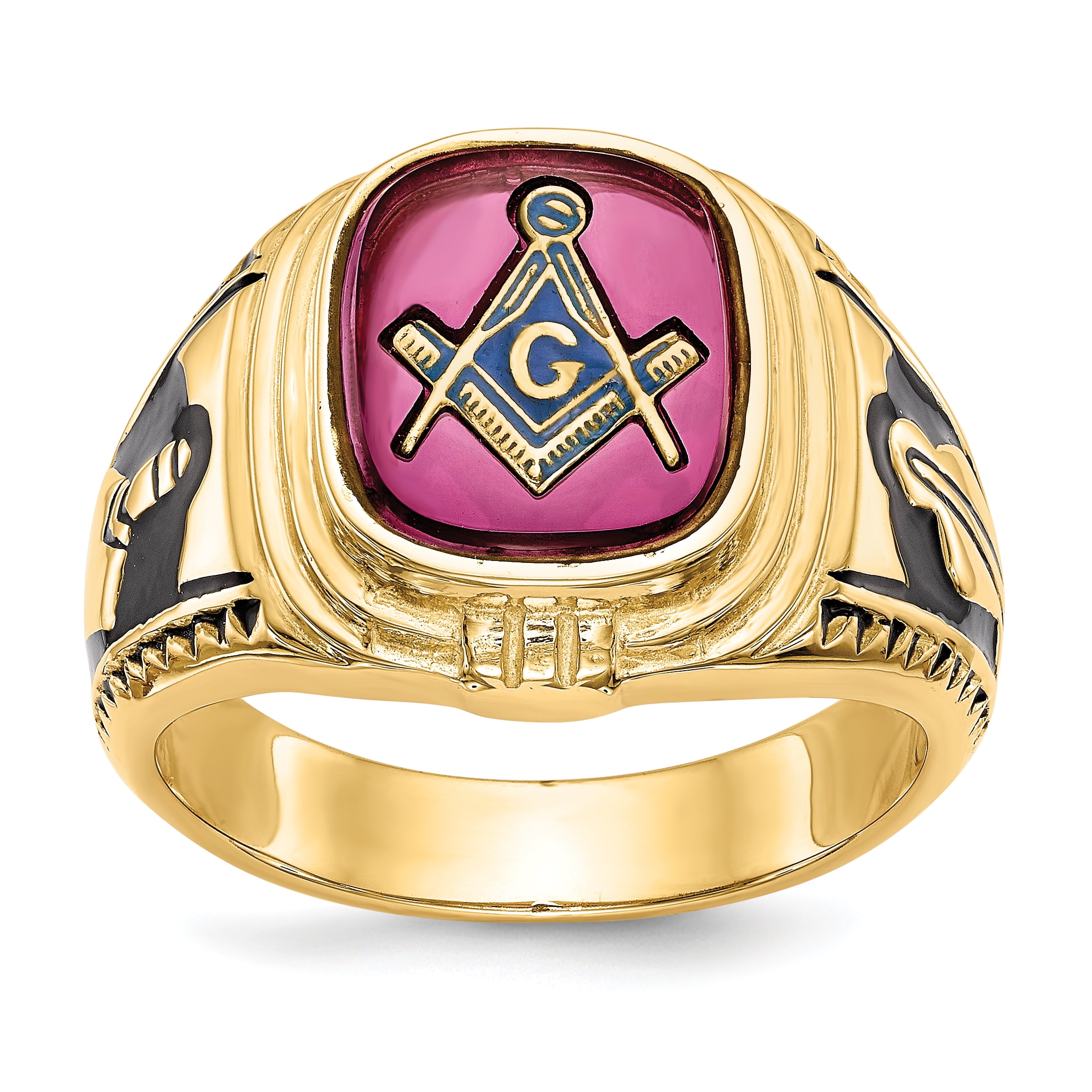 14k Yellow Gold Mensynthetic Red Ruby Masonic Freemason Mason Band Ring ...
