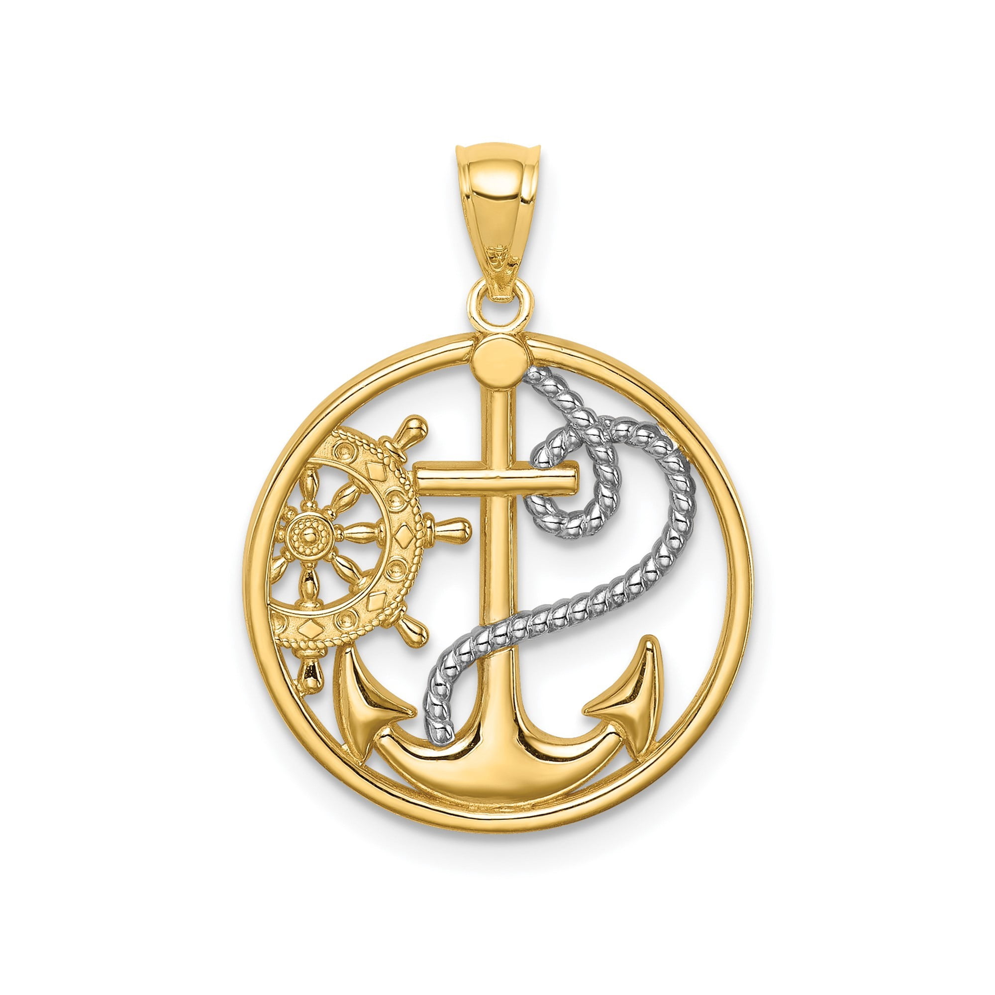 14k Yellow Gold Nautical Wheel Anchor Cross Pendant Necklace for Men ...