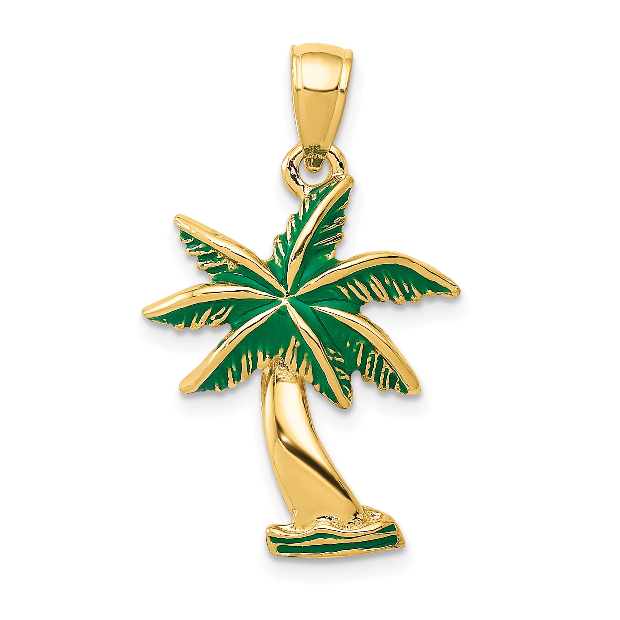 14k Yellow Gold Palm Tree Pendant with Green Enamel for Women or Unisex ...