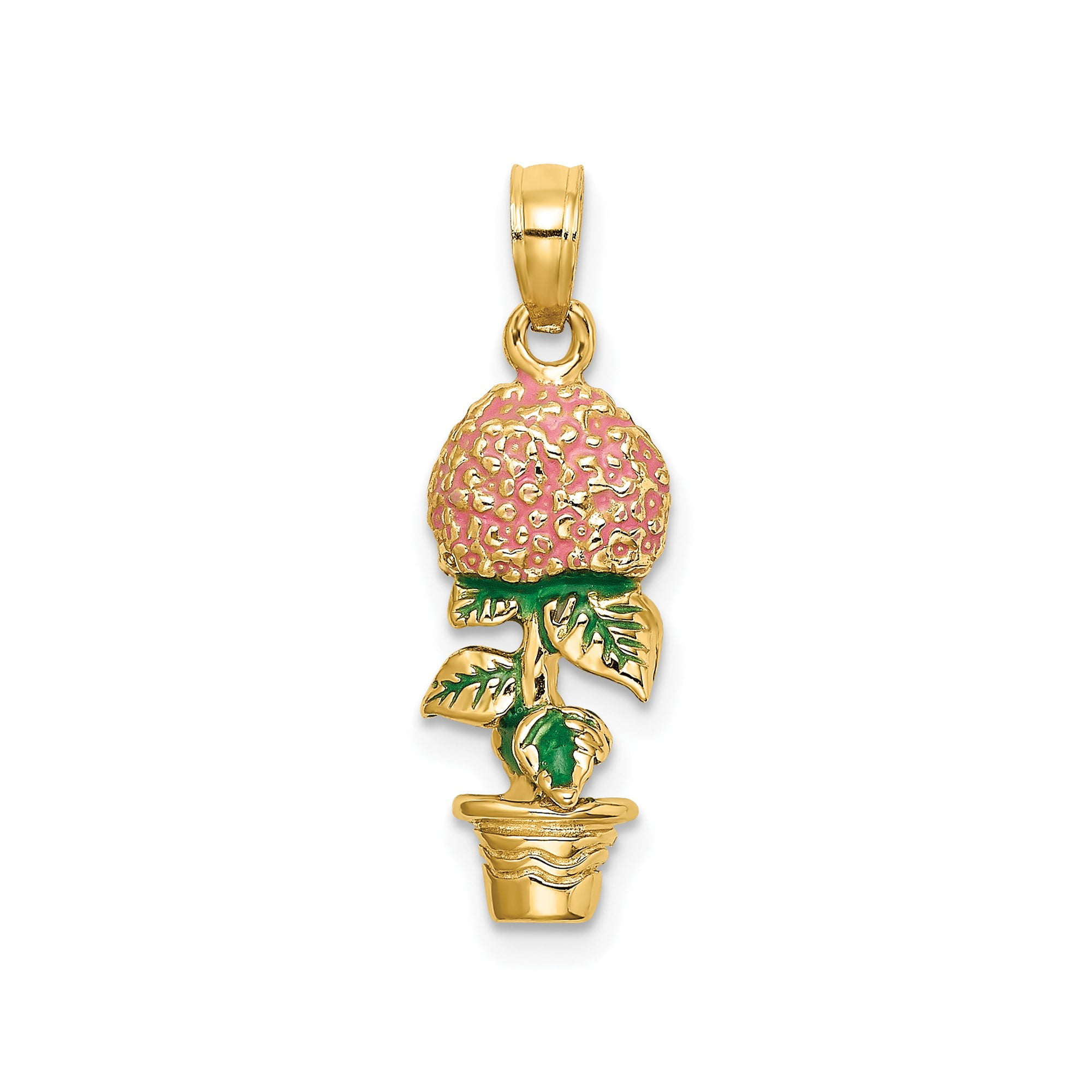 14k Yellow Gold Pink Hydrangea Flower Pot Pendant with Green Enamel ...