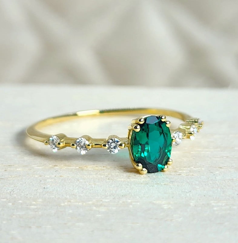 14k Yellow Gold Plated Emerald Oval Cut Gemstone Engagement Ring 925 ...