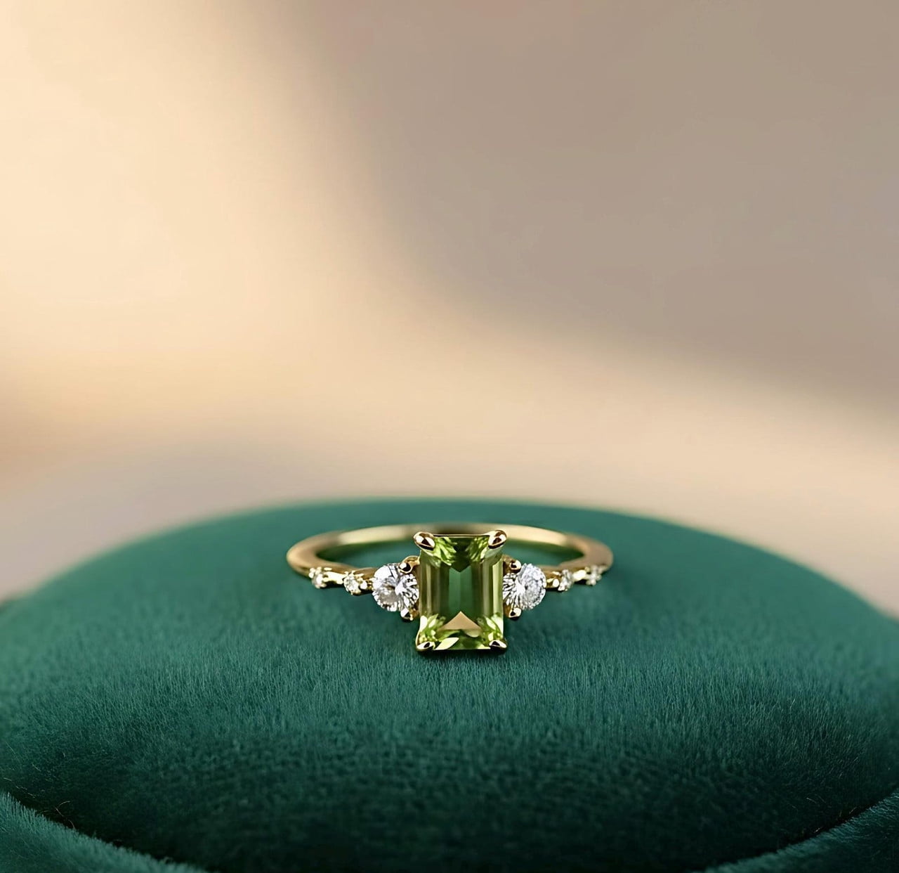 14k Yellow Gold Plated Green Peridot Emerald Cut Gemstone Engagement ...