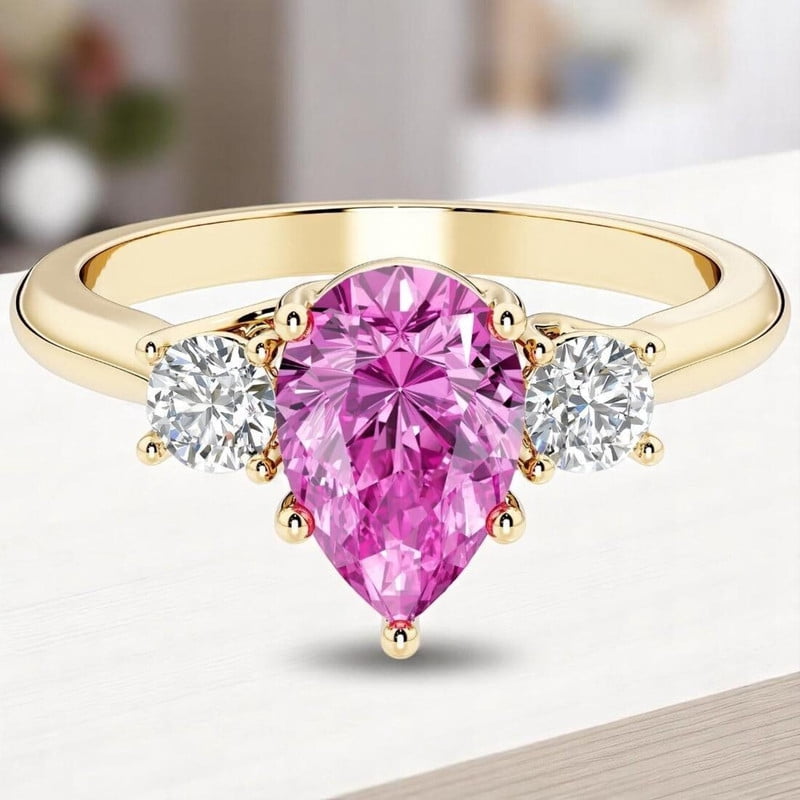 14k Yellow Gold Plated Pink Sapphire Pear Cut Gemstone Engagement Ring ...