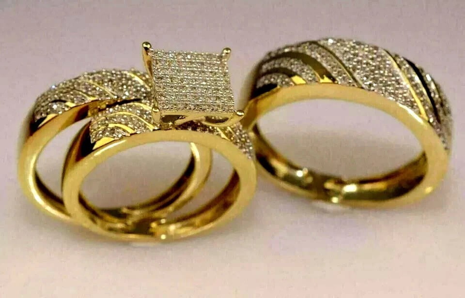 14k Yellow Gold Plated Wedding Bridal His/Her Trio Ring Set Lab-Created ...