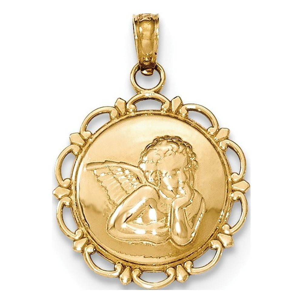 14k Yellow Gold Polished Angel Cherub Round Scallop Frame Pendant ...