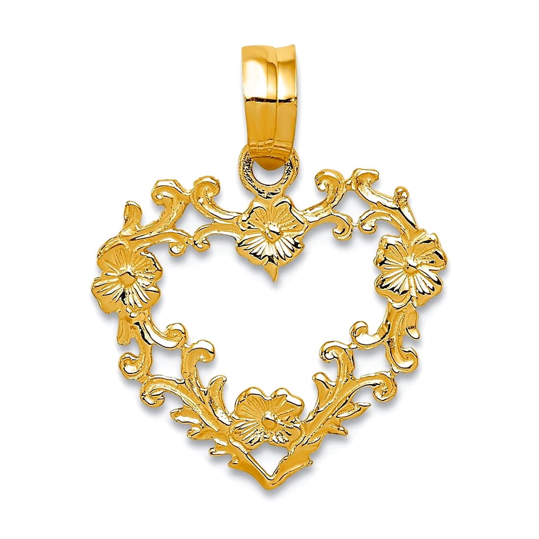 14k Yellow Gold Polished Floral Cut-Out Love Heart Pendant Necklace ...