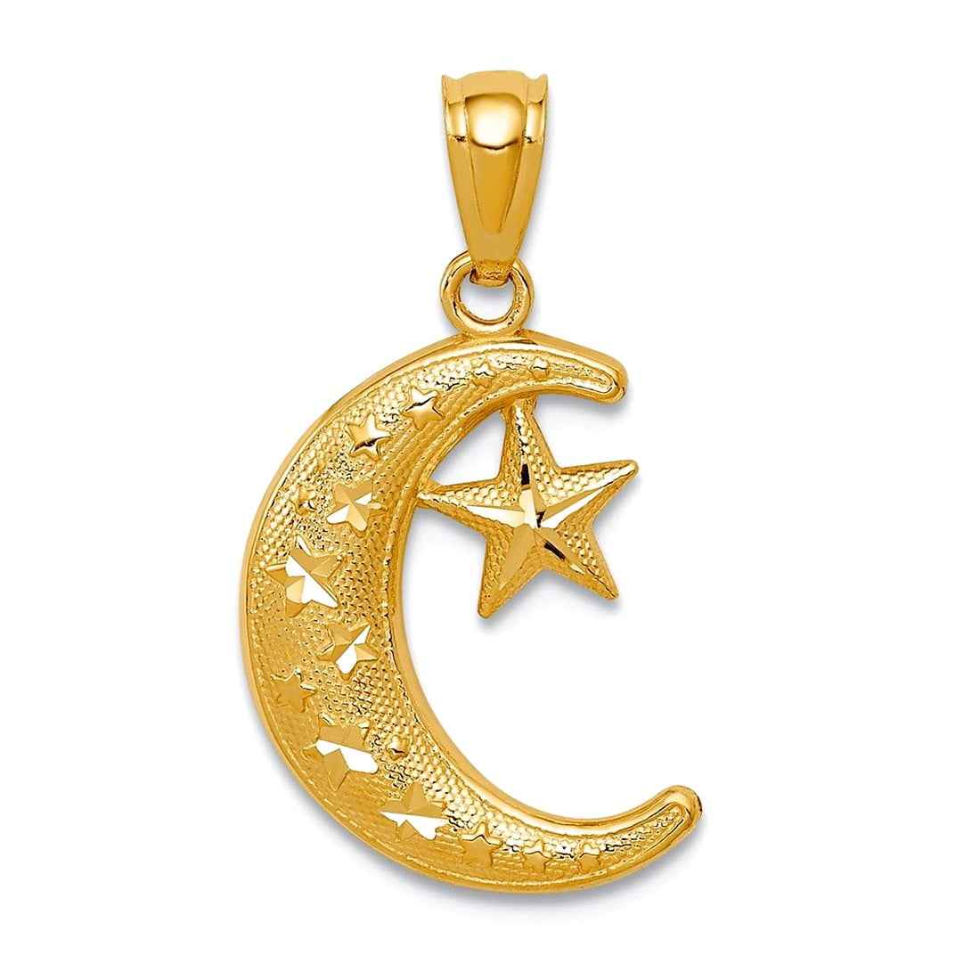 14k Yellow Gold Polished, Textured Celestial Moon, Stars Pendant ...