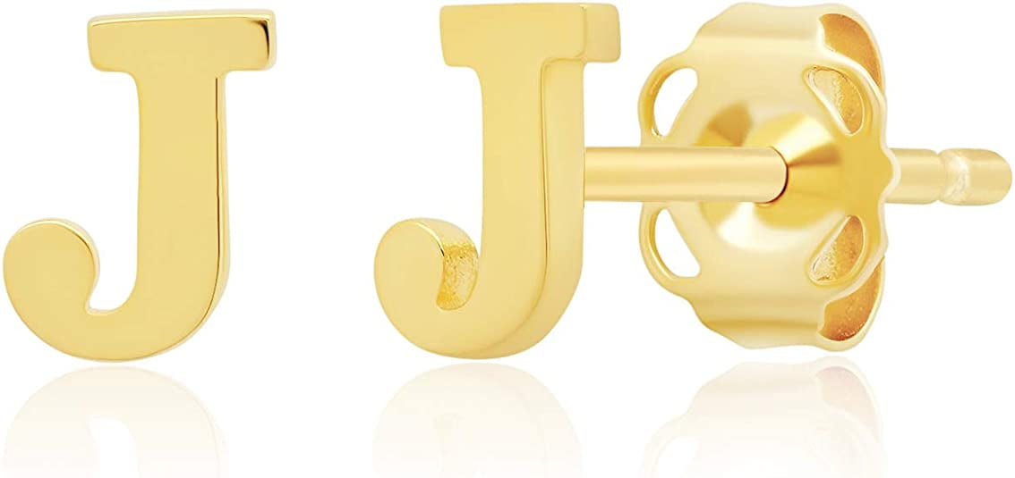 14k Yellow Gold Small Script Initial Letter Stud Earrings for Women ...