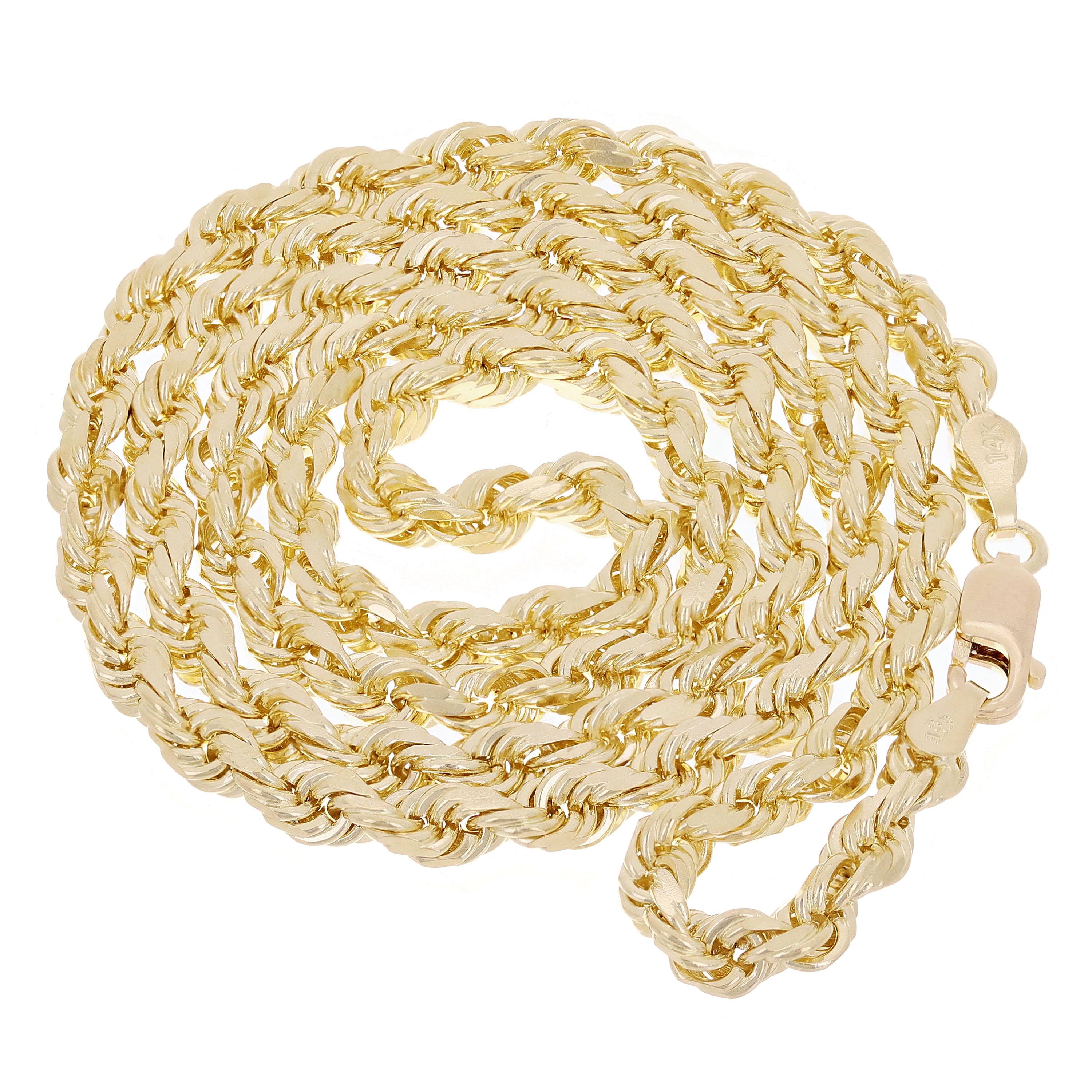 "14k Real Yellow Gold Solid Diamond Cut Rope Chain Necklace, 24"" 4mm ...