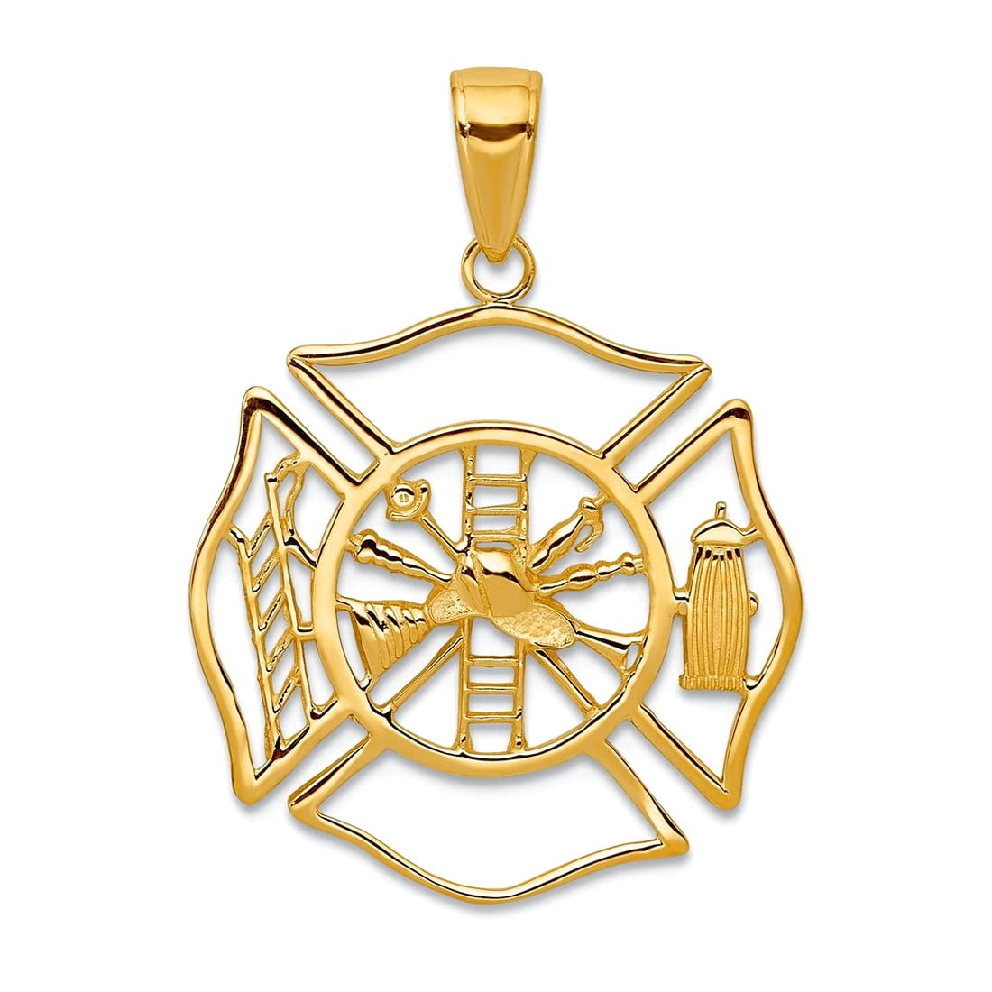 14k Yellow Gold Solid Polished Cut-Out Fireman Shield Pendant Necklace ...