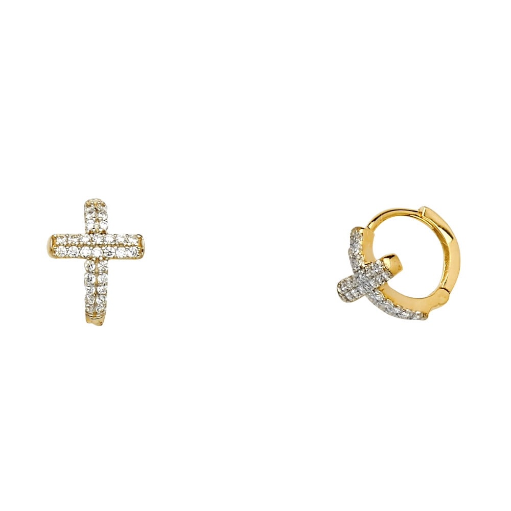 14k Yellow Gold Studded Clear CZ Cluster Cross Huggie Hoop Christian ...